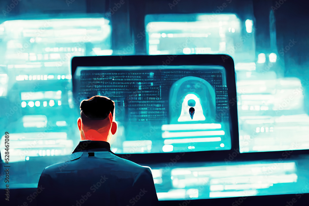 Hacker with computer screen as network security concept Stock ...