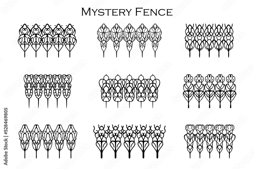 Assorted spooky cemetery fence silhouettes. Assets isolated on a white ...