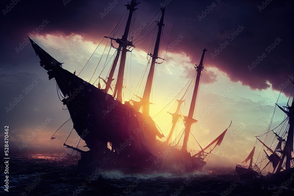 Wrecked, destroyed pirate ship in the ocean. Storm, burning, waves ...