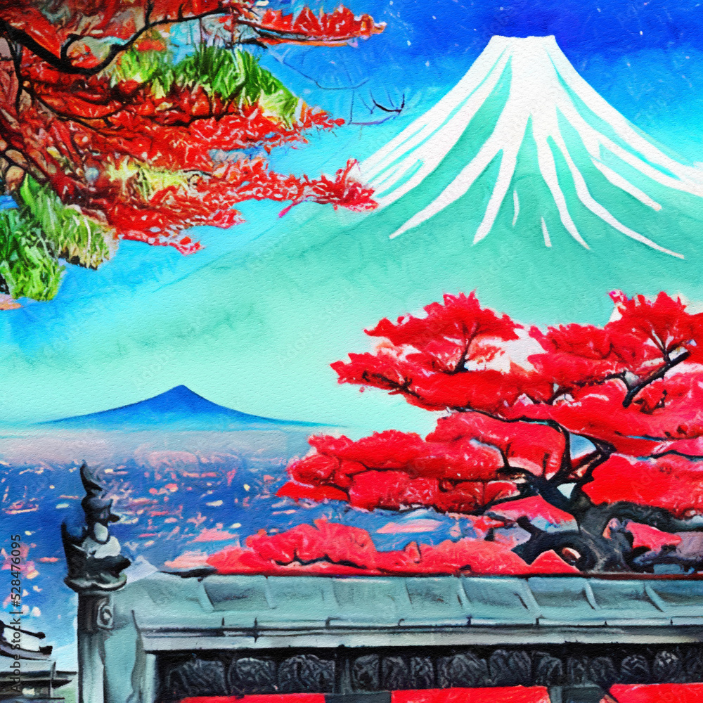 Watercolor drawing Japan landmark in autumn. Famous Japanese place ...