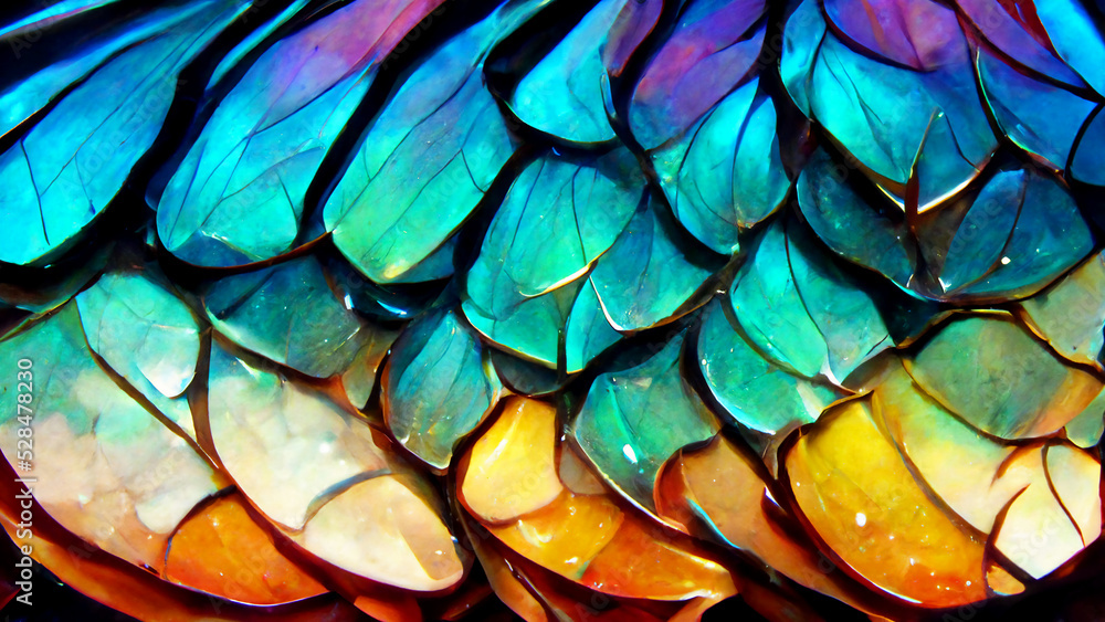 Close up artwork of shiny and abstract reptile scales in the colors of ...