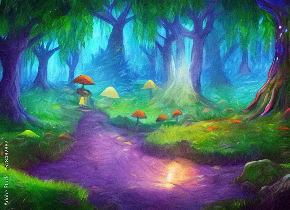 Watercolor and oil fantasy forest landscape, magic trees, mushrooms ...