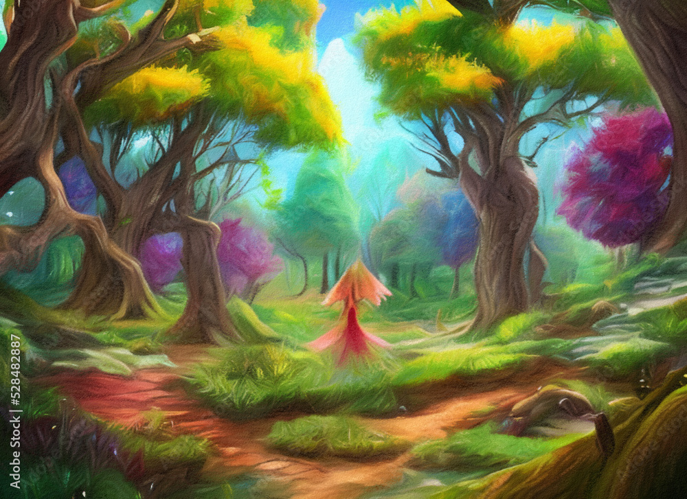 Watercolor and oil fantasy forest landscape, magic trees, mushrooms ...