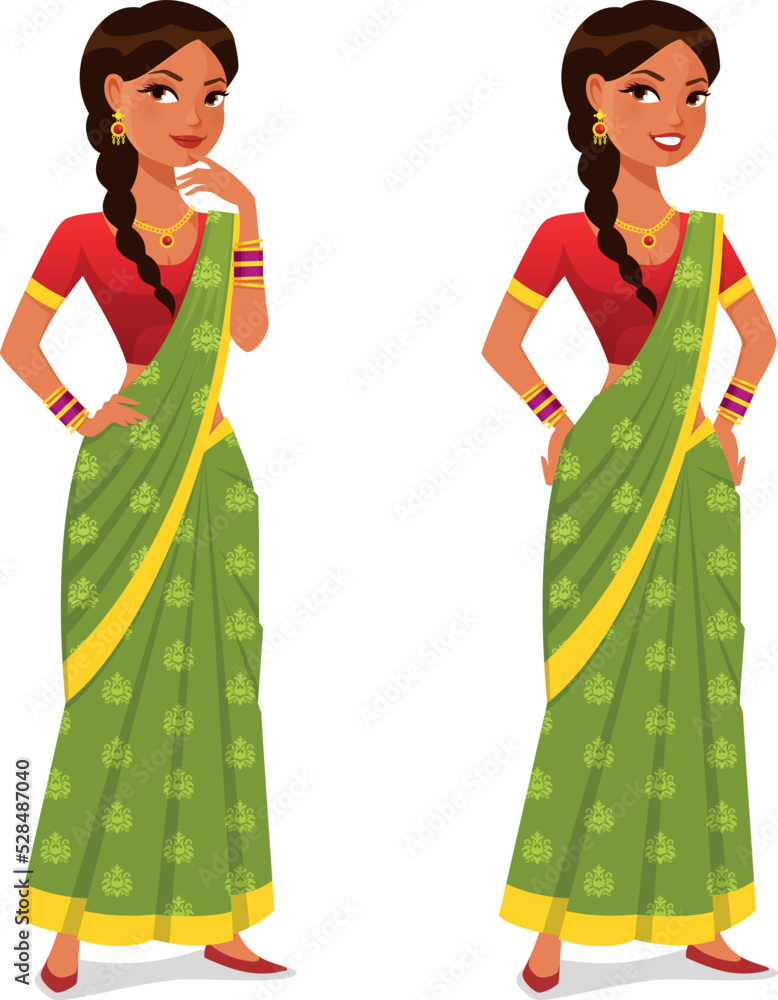 beautiful Indian woman in colorful sari, thinking or standing with her ...