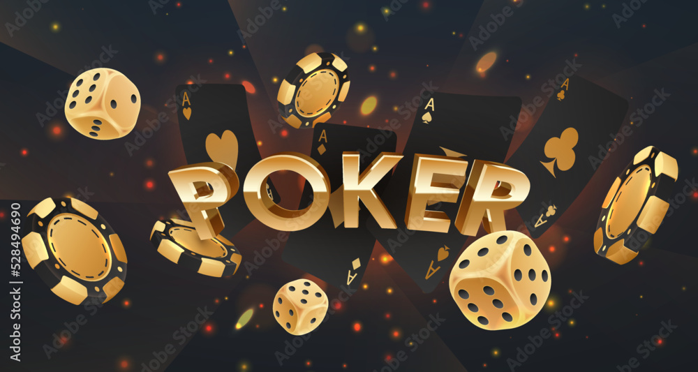 Golden letters Poker with falling golden poker chips, tokens, dices ...