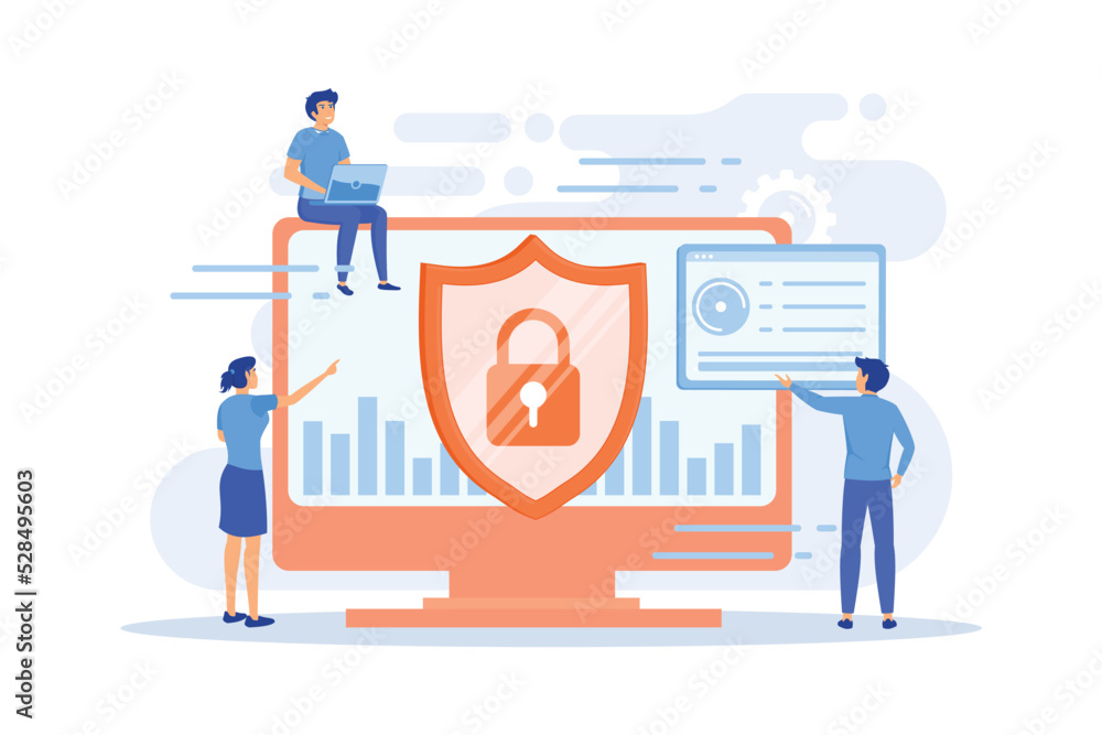 Security analysts protect internet-connected systems with shield. Cyber security, data ...