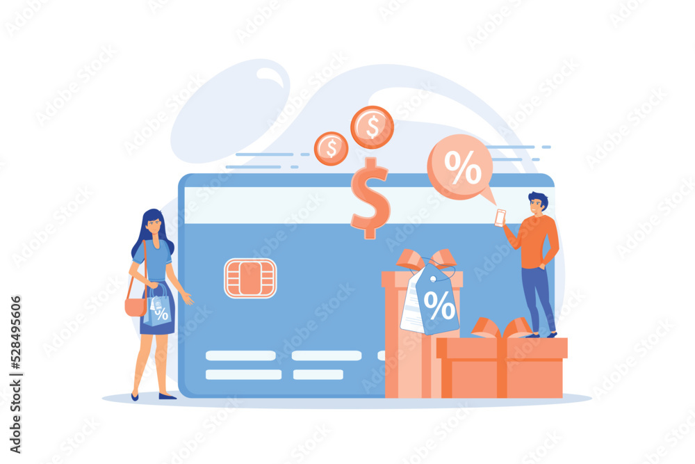 Vetor de Debit card, gift box and users. Online card payment and ...