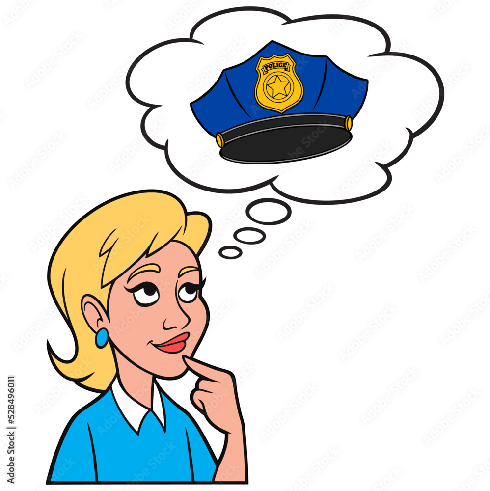 Girl thinking about a Police Hat - A cartoon illustration of a Girl ...