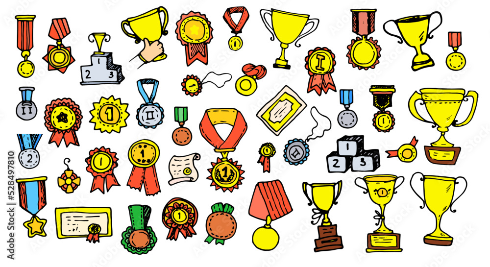 medals and orders with cups in color. a collection of hand-drawn ...