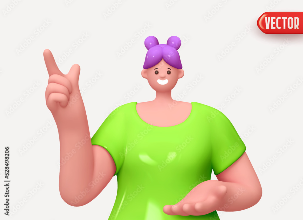 Happy cheerful young woman hold open palm arm and points finger up ...