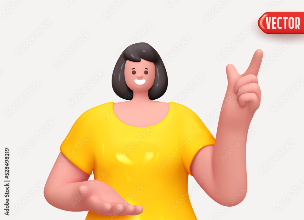 Happy cheerful young woman hold open palm arm and points finger up ...