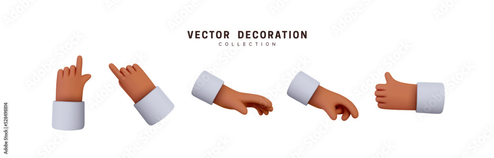 Hands set of realistic 3d design in cartoon style. Hand shows different ...