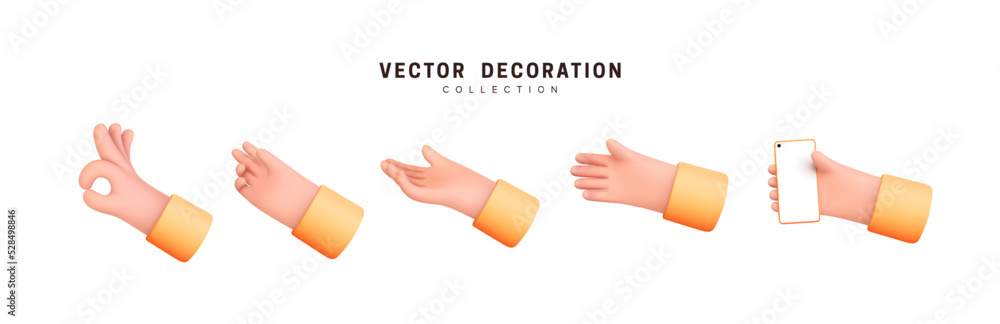 Hands set of realistic 3d design in cartoon style. Hand shows different ...