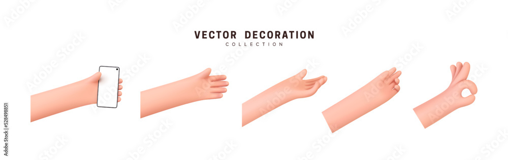 Hands set of realistic 3d design in cartoon style. Hand shows different ...