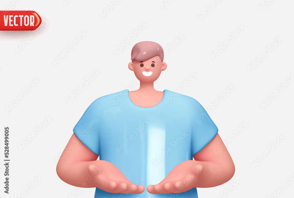 Happy cheerful young man hold open two palm arm. Young handsome boy ...
