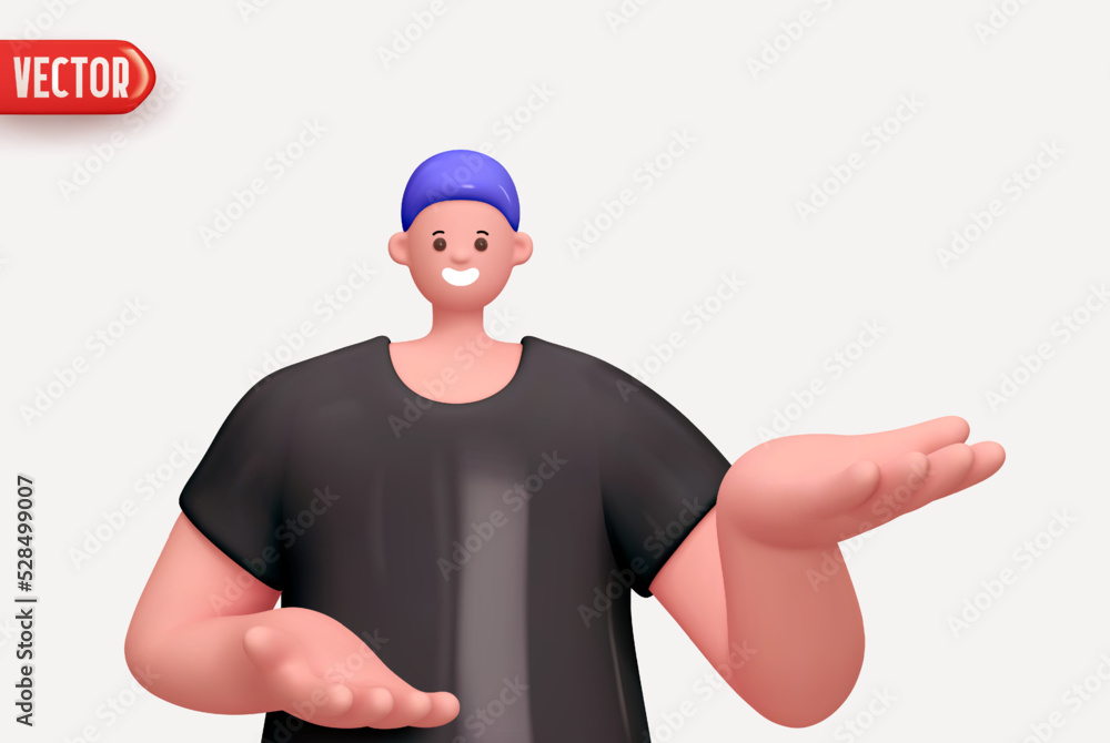 Happy cheerful young man hold open two palm arm. Young handsome boy ...