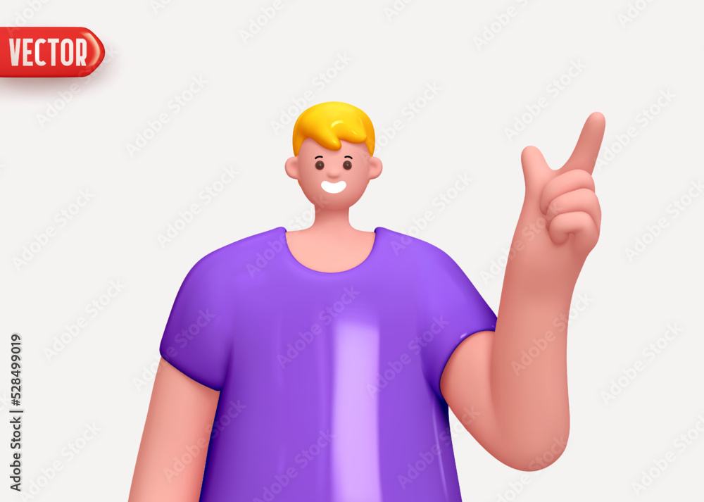 Happy cheerful young man hold open palm arm and points finger up. Young ...