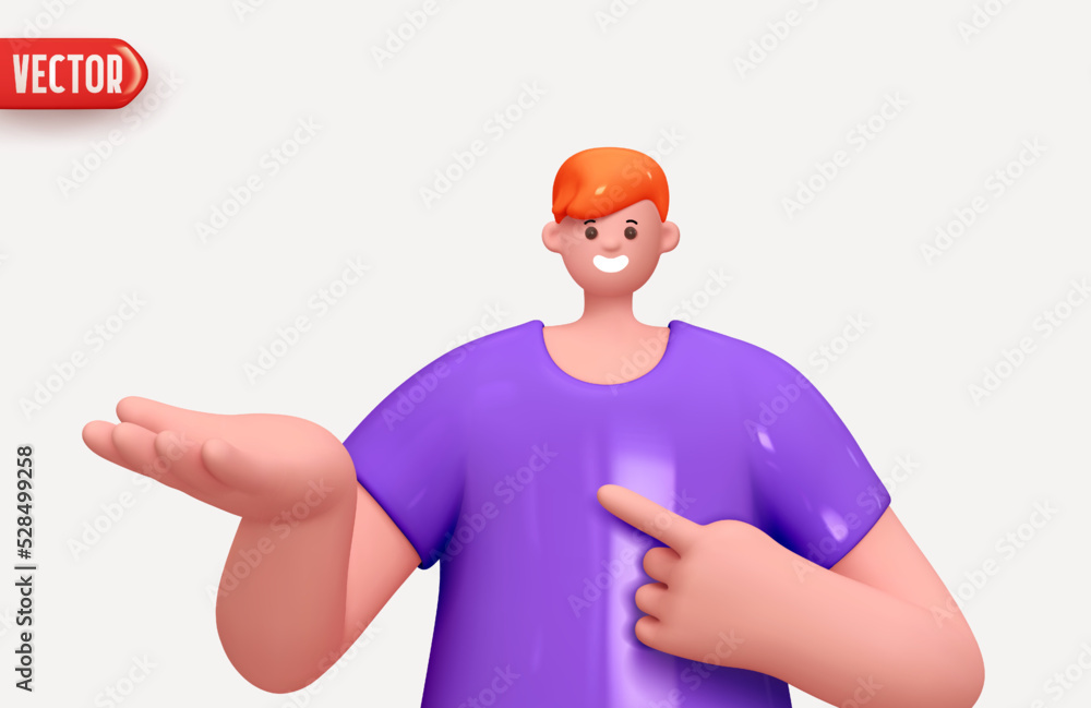 Happy cheerful young man hold open palm arm and points finger up. Young ...