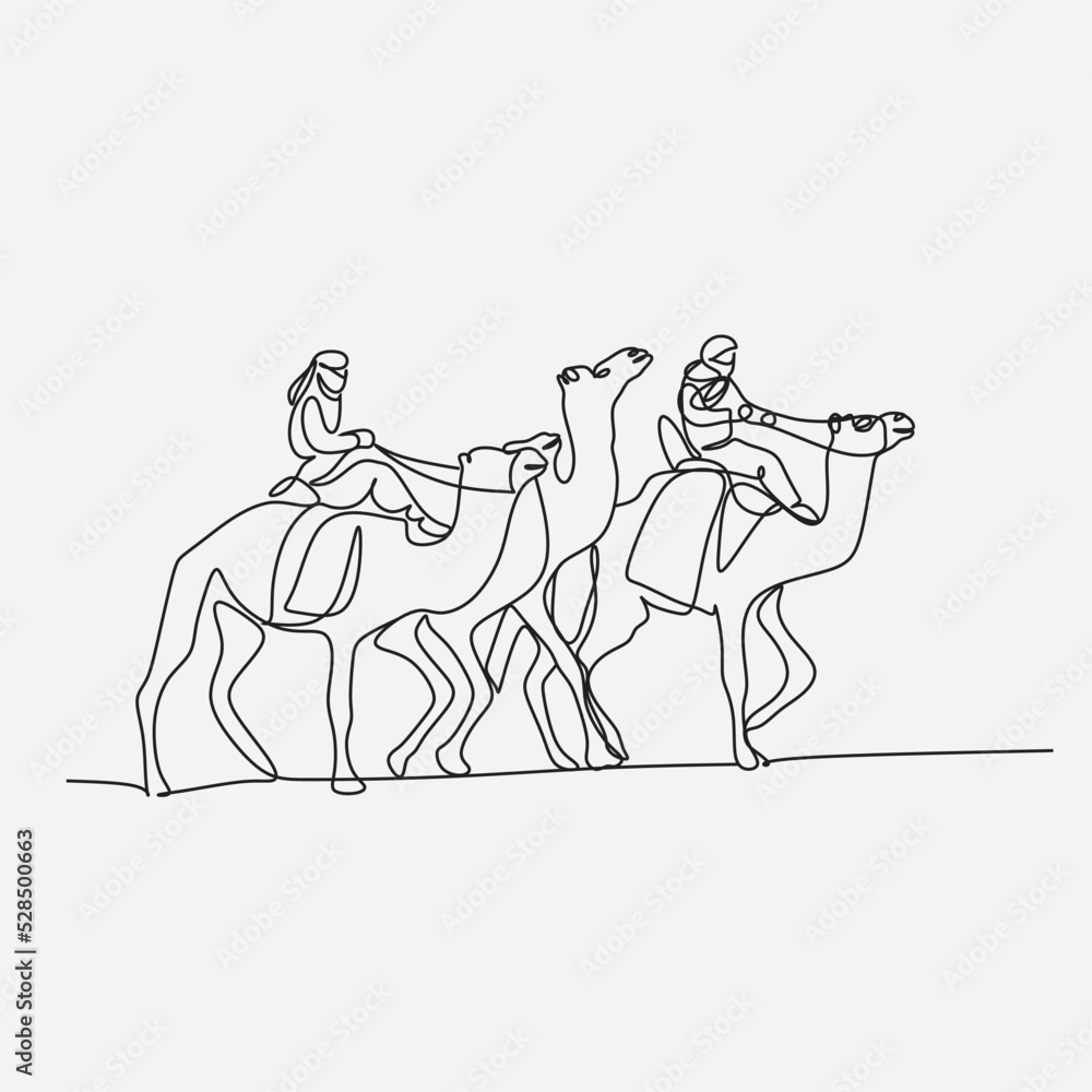Arab men riding camels line drawing. Continuous one line art. Vector ...
