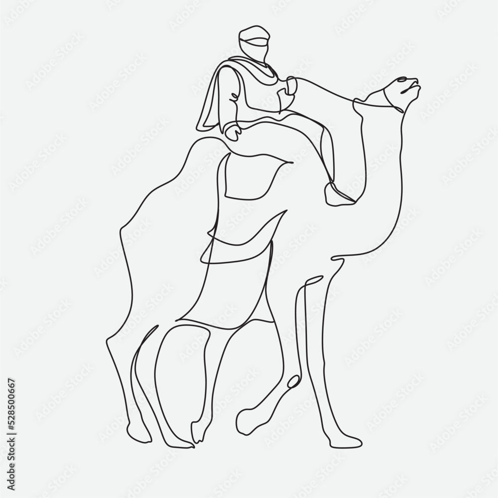 Arab men riding camels line drawing. Continuous one line art. Vector ...