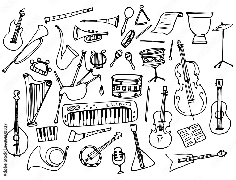 Vector set of musical instruments in black outline. a collection of ...