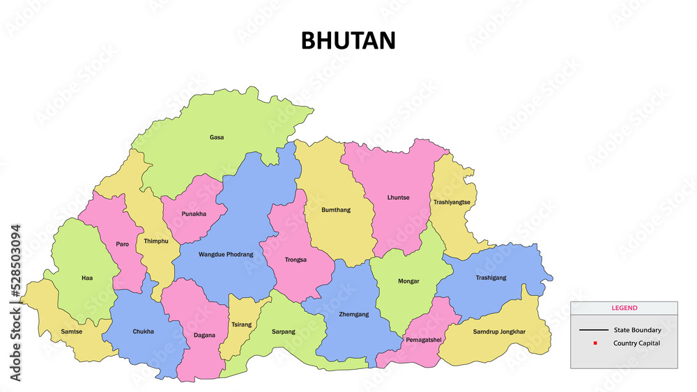 Bhutan Map. State and district map of Bhutan. Detailed colorful map of ...