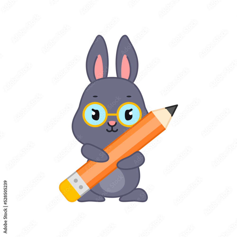 Cute student bunny. Flat cartoon illustration of a funny little black ...