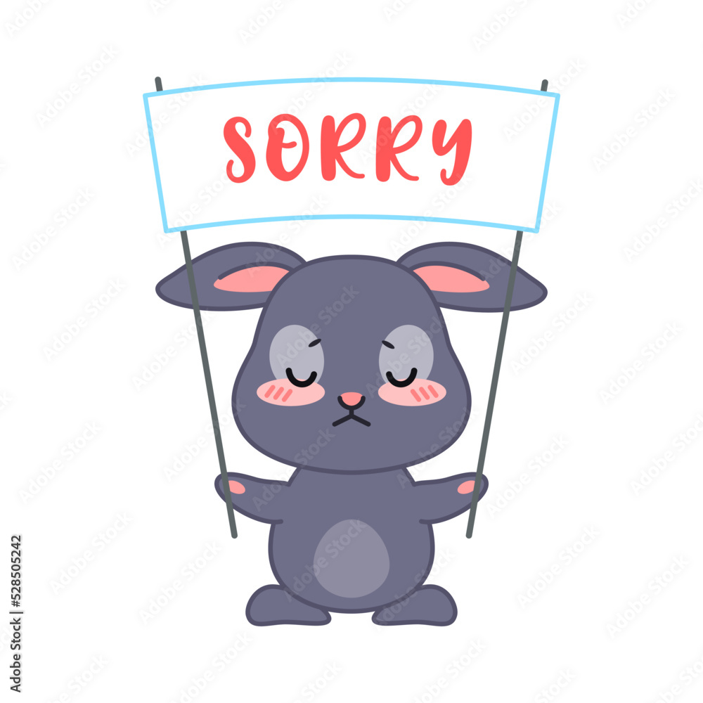 Cute apologizing bunny. Flat cartoon illustration of a little black ...