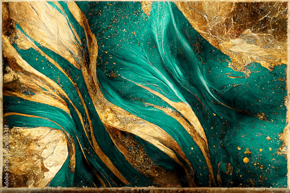 Spectacular realistic abstract backdrop of a whirlpool of teal and gold ...