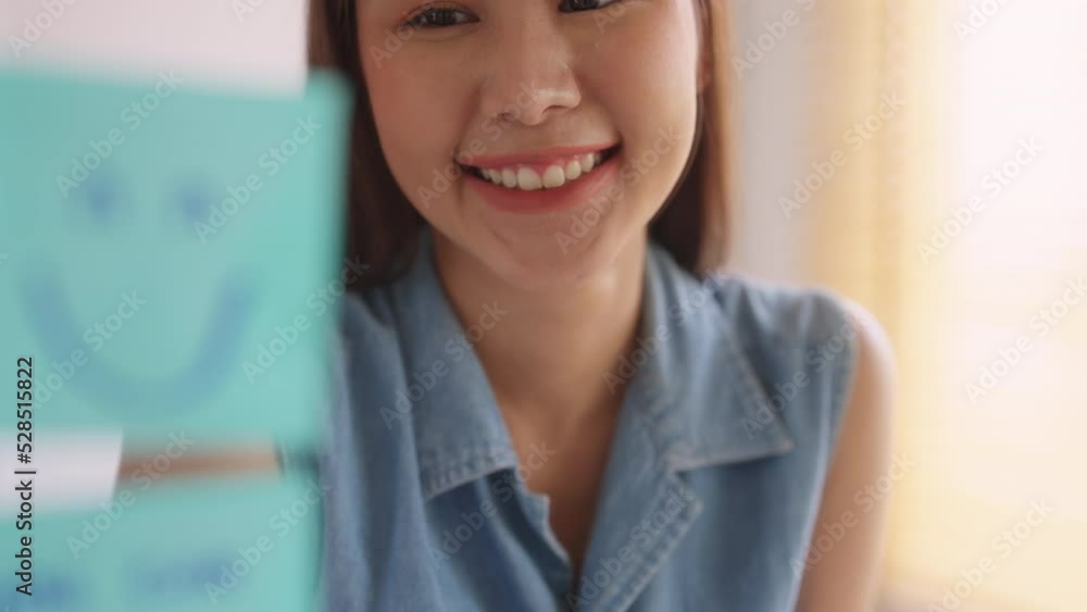 Vidéo Stock Young girl self cheer up smile in front of mirror look at ...