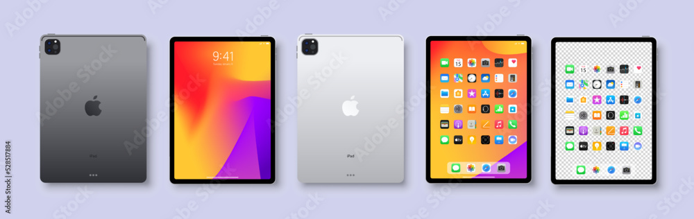 Apple iPads. Front, back view. Gray, silver. Mini, Air, Pro models ...