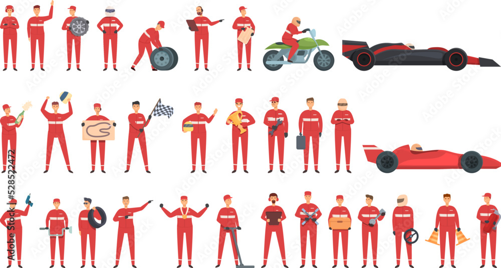 Racing team icons set cartoon vector. Stop car. Team tire Stock Vector ...
