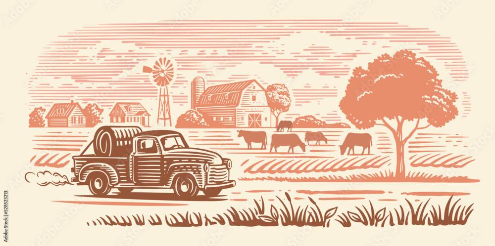 Pickup truck and Farming landscape. Farm with barn drawing Stock Vector ...