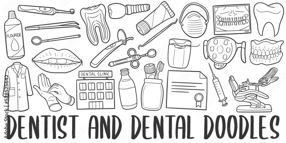 Dentist Doodle Icons. Hand Made Line Art. Dental Medic Clipart Logotype ...