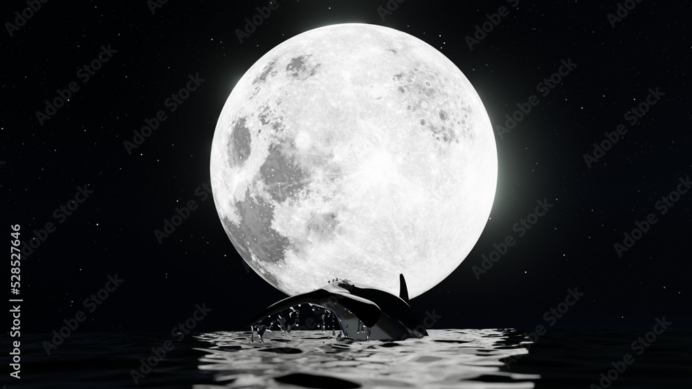 Whale jumping in the ocean have water splash with moon and star ...