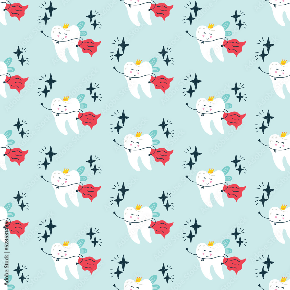 Seamless pattern white tooth character super hero with red cape ...