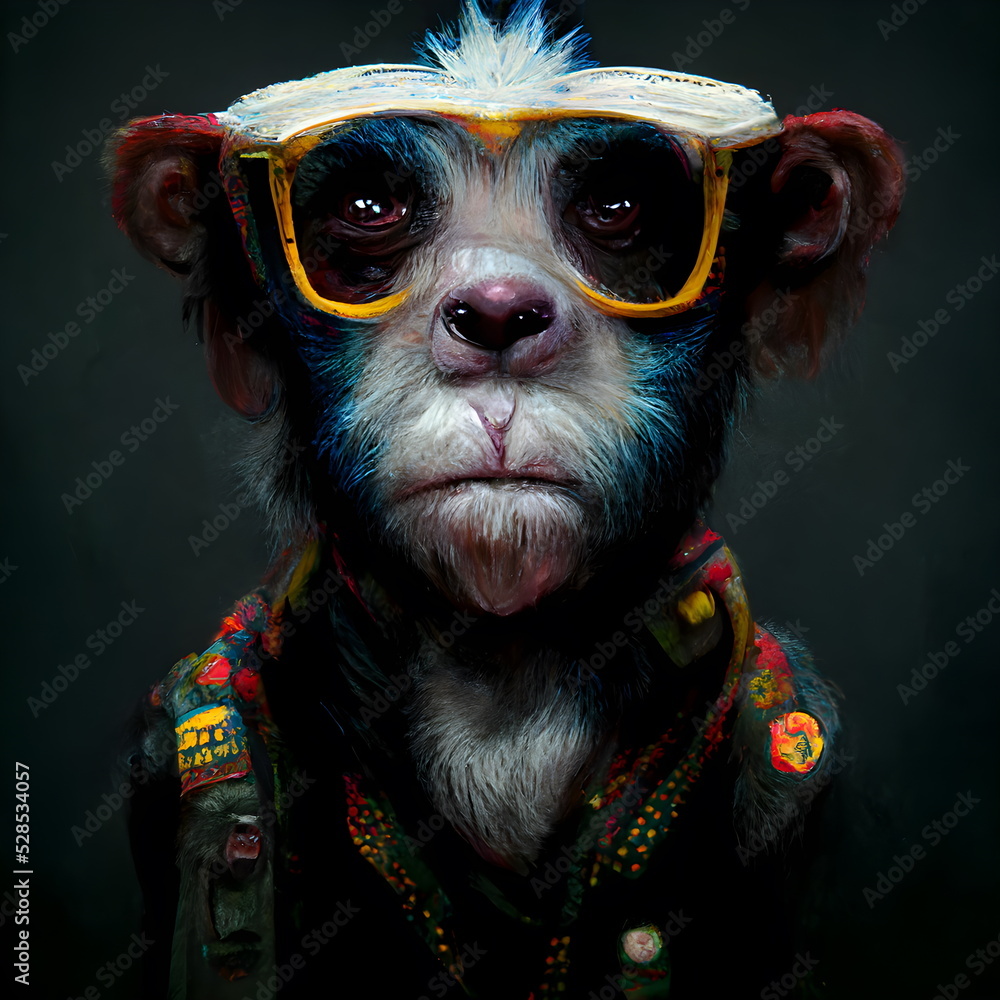 Stylized cool funky monkey portrait colored 3D Illustration with a ...