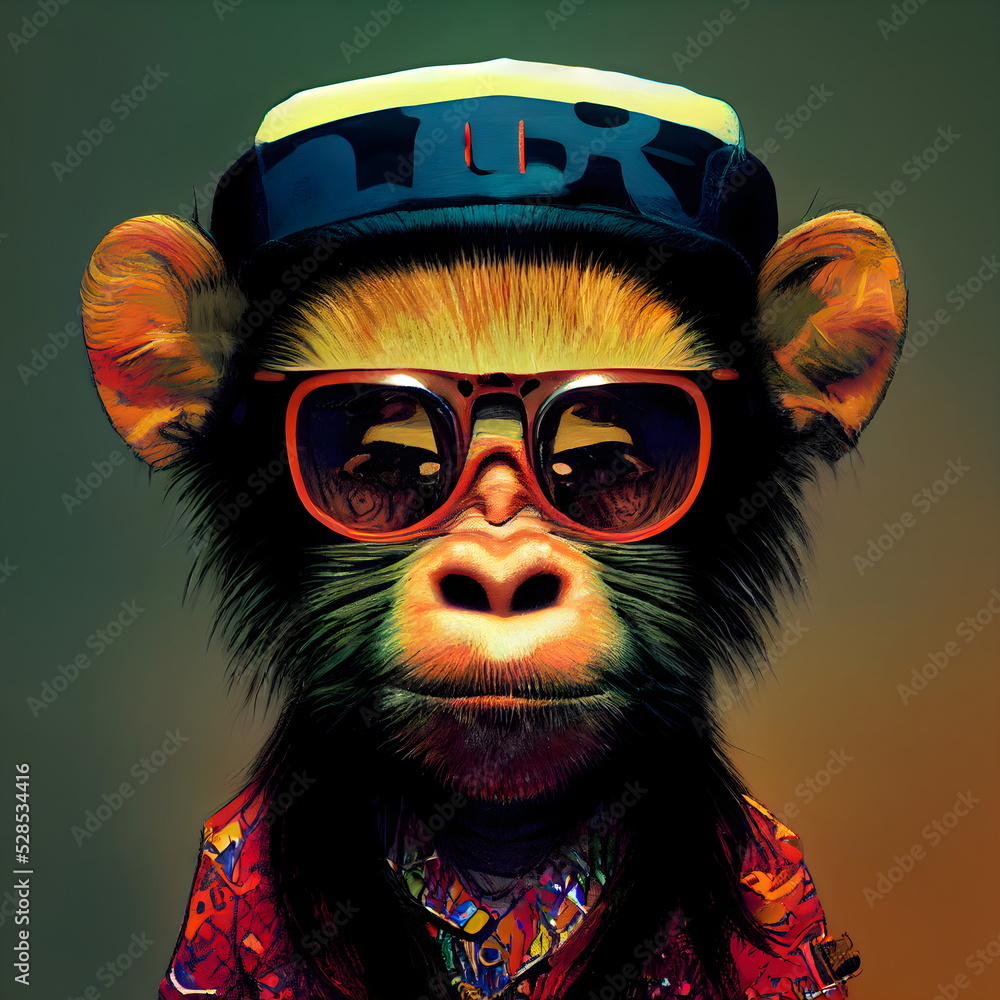 Stylized cool funky monkey portrait colored 3D Illustration with a ...