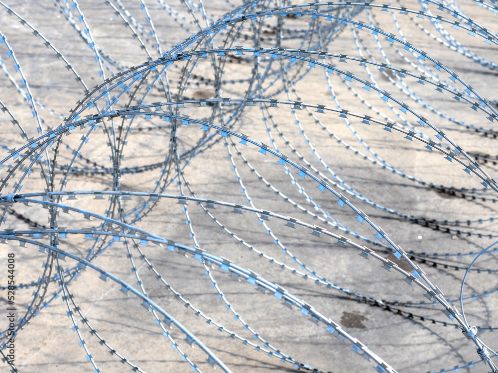 Spiked steel threads. Rolled barbed wire above ground. Prison fence to ...