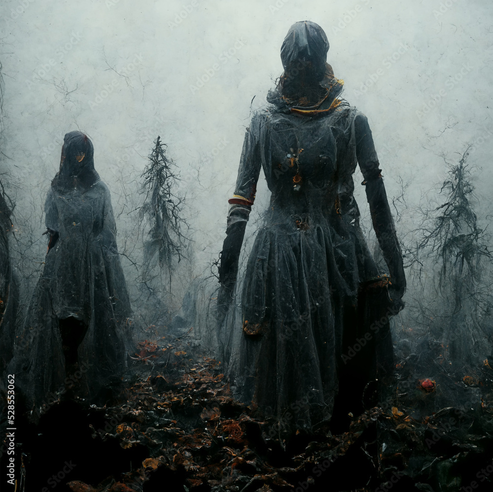 ghost women in fog Halloween background digital art Stock Illustration ...