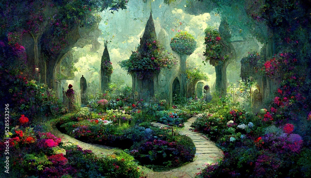 Fantasy floral garden concept art illustration Stock Illustration | Adobe Stock
