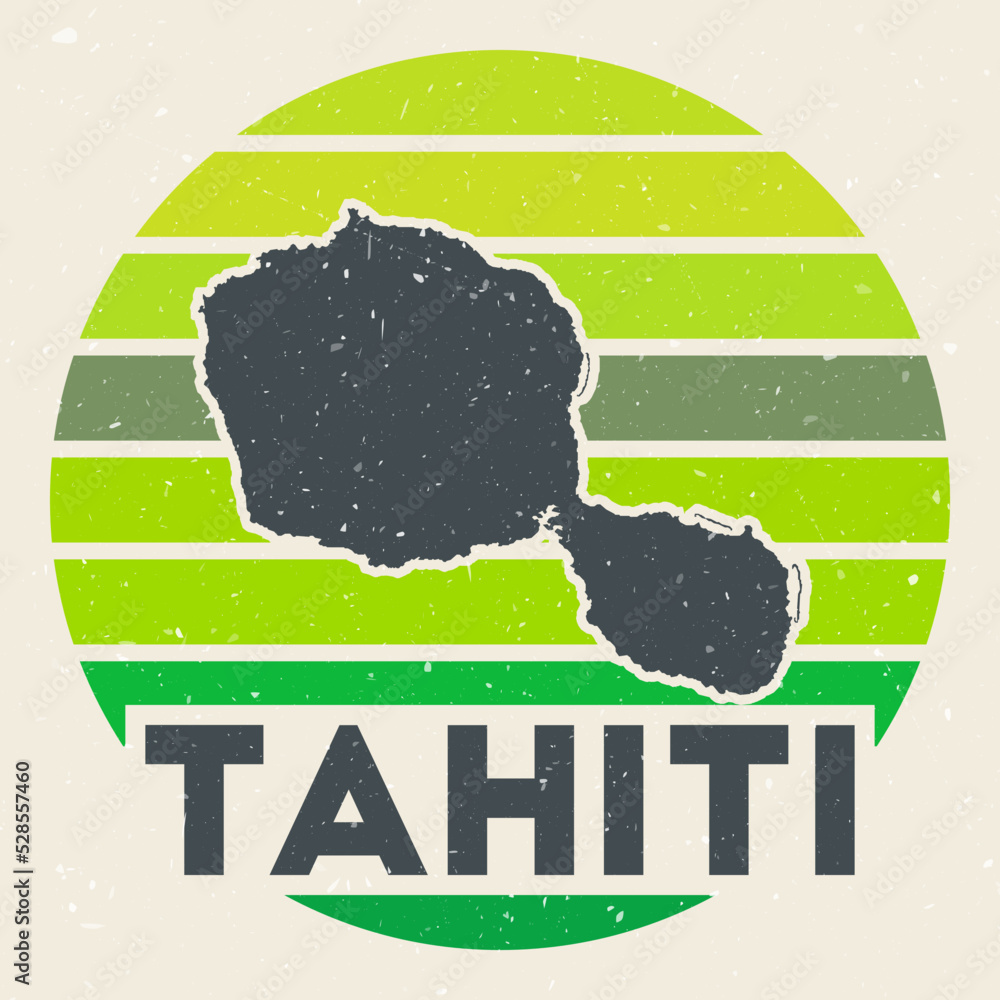 Tahiti logo. Sign with the map of island and colored stripes, vector ...