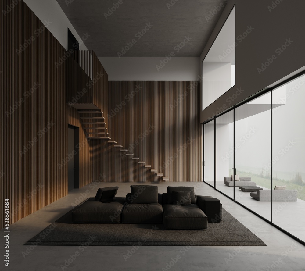 Modern open plan living room or hotel, black sofa, natural oak acoustic ...
