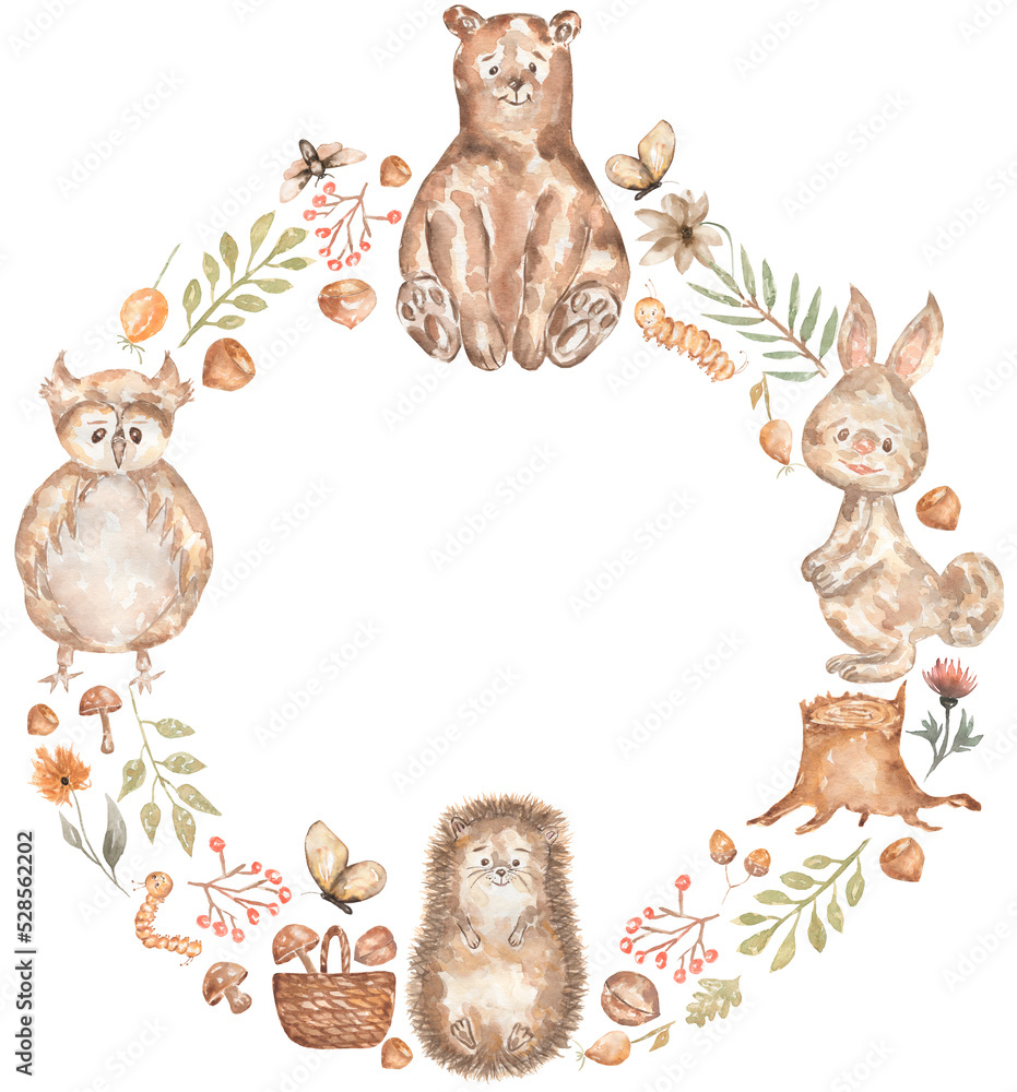 Watercolor woodland animal wreath, boho owl, bear, rabbit and hedgehog ...