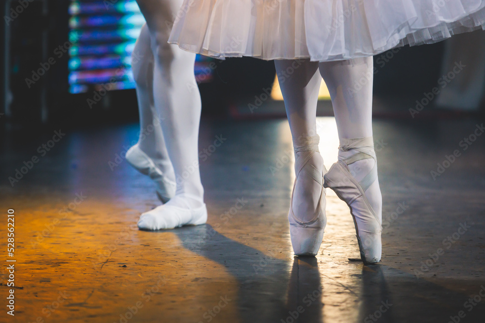 Ballet dancers couple during performance repetition, classic ballet ...
