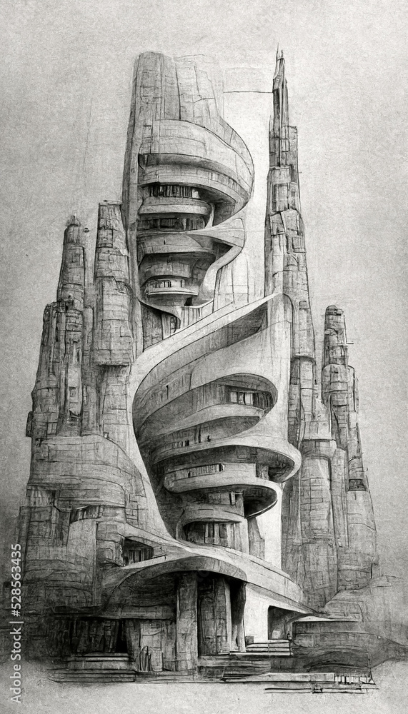Futuristic surreal urban architecture pencil drawing style. Fantasy ...