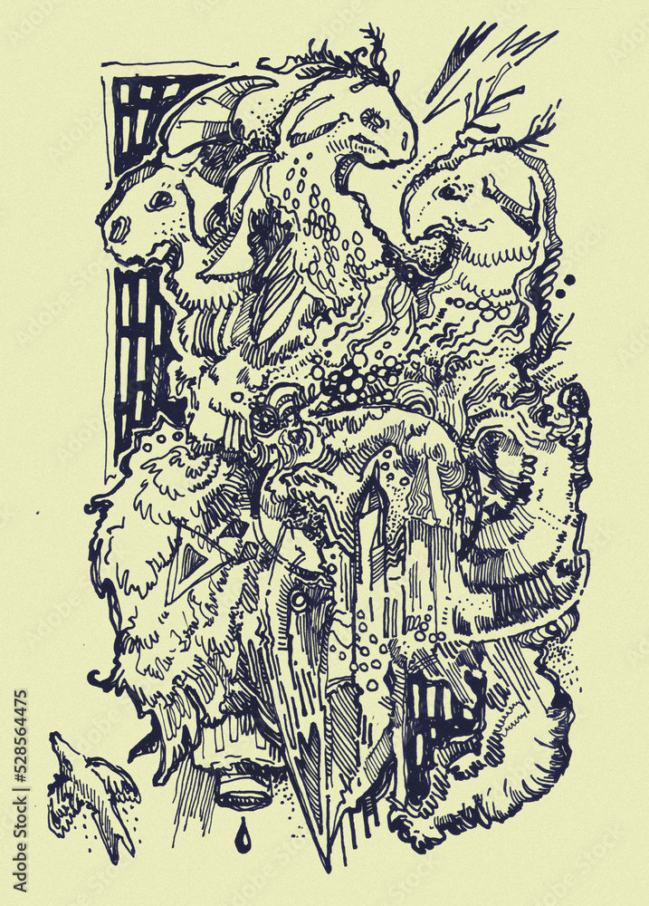 Ink doodle illustration with monsters. Magic abstract art. Can be used ...