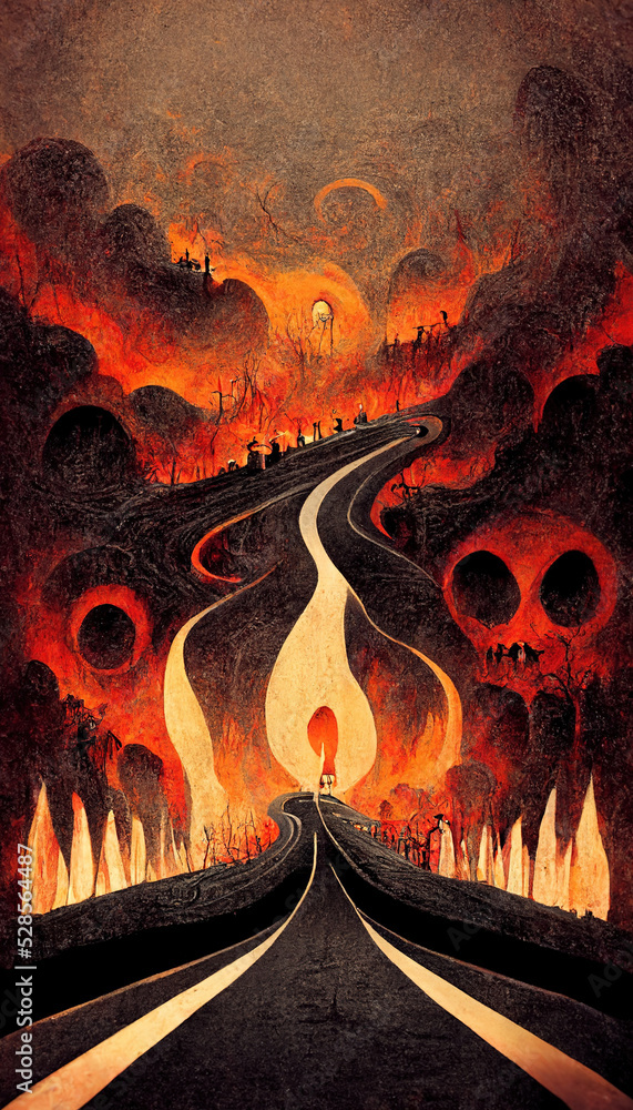 Apocalyptic highway to hell. Life after death religious concept ...