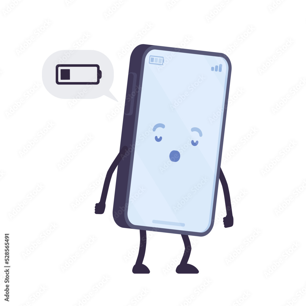 Smartphone cartoon character, low phone battery life. Emotionally down ...