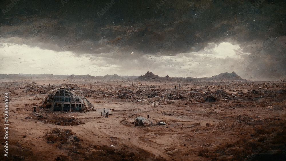 Remains of Buildings of the Destroyed City in Wasteland Landscape Sci ...